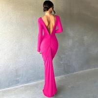 China Rose Red Stylish Ladies Dress Slim Sexy Big V Neck Dress Backless Pleats Solid Color for sale