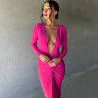 China Rose Red Stylish Ladies Dress Slim Sexy Big V Neck Dress Backless Pleats Solid Color for sale