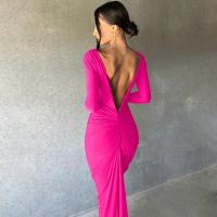 China Rose Red Stylish Ladies Dress Slim Sexy Big V Neck Dress Backless Pleats Solid Color for sale