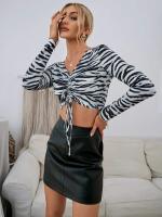 China All Matching Decal T Shirt V Neck Drawstring Short Women Zebra Print Long Sleeve Shirt for sale
