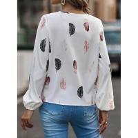 China Women'S V-Neck Feather Print T Shirt Casual Loose Fit Long Sleeve Top for sale