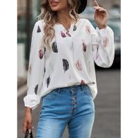 China Women'S V-Neck Feather Print T Shirt Casual Loose Fit Long Sleeve Top for sale