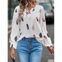 China Women'S V-Neck Feather Print T Shirt Casual Loose Fit Long Sleeve Top for sale
