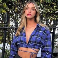 China Stylish Plaid Sexy Women Button Up T Shirt V Neck Long Sleeve T Shirt With Low Waist for sale