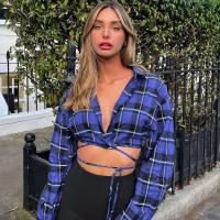China Stylish Plaid Sexy Women Button Up T Shirt V Neck Long Sleeve T Shirt With Low Waist for sale