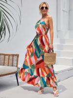 China Sleeveless Floral Print Frock Stylish Floral Halter Dress Maxi Skirt for sale