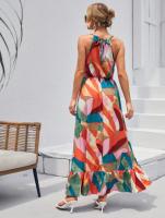 China Sleeveless Floral Print Frock Stylish Floral Halter Dress Maxi Skirt for sale