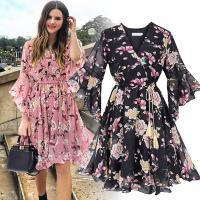 China Short Sleeved Knee Length Floral Dress V Neck Flared Sleeve Ruffled Chiffon Dress for sale