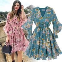 China Short Sleeved Knee Length Floral Dress V Neck Flared Sleeve Ruffled Chiffon Dress for sale