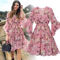 China Short Sleeved Knee Length Floral Dress V Neck Flared Sleeve Ruffled Chiffon Dress for sale