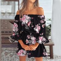 China One Line Collar Knee Length Printed Dress Sexy Floral Dress Waist Loose Dress for sale