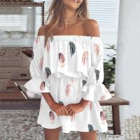 China One Line Collar Knee Length Printed Dress Sexy Floral Dress Waist Loose Dress for sale
