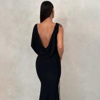 China V Neck Slim Evening Dress Solid Color Tie One Shoulder Hollow Black Sexy  Evening Dress for sale