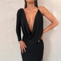 China V Neck Slim Evening Dress Solid Color Tie One Shoulder Hollow Black Sexy  Evening Dress for sale