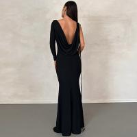 China V Neck Slim Evening Dress Solid Color Tie One Shoulder Hollow Black Sexy  Evening Dress for sale