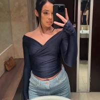 China Comfortable Slim Fit V Neck T Shirt Sexy Shawl Pleated Sexy Thin Shirt Tight Long Sleeve for sale