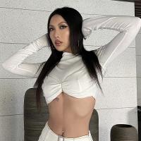 China One Line Neck Sexy Tight Shirts Long Sleeve Solid Color White Pleated T Shirt for sale