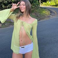 China Sexy Mesh See Through T Shirt Lace Up Light Long Sleeve Cardigan Fashion Forward Design for sale