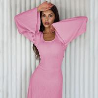 China Stylish Long Sleeve Slim Dress U Neck Back Lace Up Solid Color Long Sleeve Dresses for sale