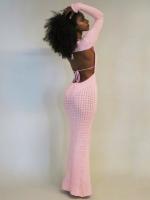 China Wool Woven Open Back Maxi Dress Sexy Hollow Net Hole Long Sleeve Backless Dress for sale
