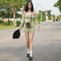 China Women'S Slim Knitted Dress Casual One Shoulder Sexy Ruffled Slimming Long Sleeve Dress for sale