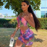 China Fashion Crop Top Short Skirt Set Print Halter Slim Fit 2 Piece Short Skirt Set for sale