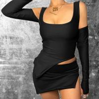 China Women Leisure Travel Sexy Sports Outfits U Neck Slim Split Short Skirt And Top Set for sale