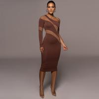 China Customized One Shoulder Midi Dress Fashion Mesh Perspective Skew Neck Dress Sexy for sale