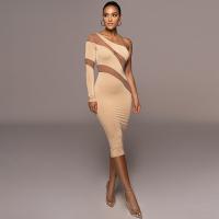 China Customized One Shoulder Midi Dress Fashion Mesh Perspective Skew Neck Dress Sexy for sale