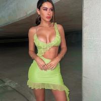 China Solid Color V Halter Neck Dress Splicing Peplum Hollow Womens Halter Top Dress for sale