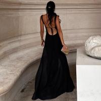 China Black Stylish Ladies Dress Backless Deep V Temperament Slim Slit Long Dress Streamers Decorated for sale