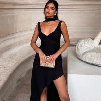 China Black Stylish Ladies Dress Backless Deep V Temperament Slim Slit Long Dress Streamers Decorated for sale