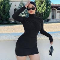 China Elegant Slim Knitted Dress Solid Color Pleated Slim Fit Bag Hip Dress Skirt Round Neck for sale