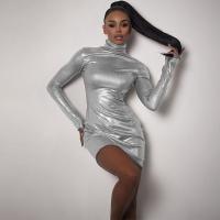 China Sexy Hip Wrap Dress With High Neck Long Sleeves Solid Color Slim Fit Dress for sale