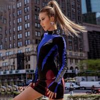 China Women Sleek Print Dresses With Slim Crew Necks Long Sleeves Covered Their Hips for sale