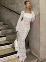 China Polyester Package Hip Dress Lace Stitching See Through Long Sleeve Bag Hip Square Collar Lace Dress for sale