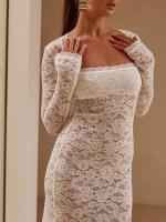 China Polyester Package Hip Dress Lace Stitching See Through Long Sleeve Bag Hip Square Collar Lace Dress for sale
