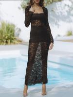 China Polyester Package Hip Dress Lace Stitching See Through Long Sleeve Bag Hip Square Collar Lace Dress for sale