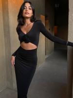 China Custom Women'S Fashion Sexy Hip Dress Long Sleeve V Neck Crop Slimming Bag Buttock Dress for sale