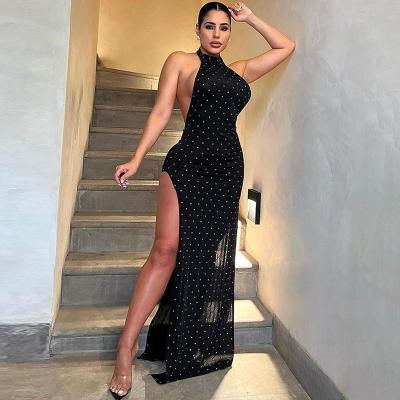 China Stylish Sexy Backless Slit See Through Dress V Neck Digital Printing for sale