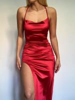 China Fashion Hot Selling Solid Color Hanging Neck Backless Thin Belt Wrap Hip Skirt Sexy Split Dress for sale