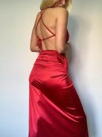 China Fashion Hot Selling Solid Color Hanging Neck Backless Thin Belt Wrap Hip Skirt Sexy Split Dress for sale