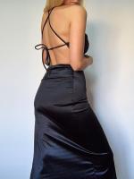 China Fashion Hot Selling Solid Color Hanging Neck Backless Thin Belt Wrap Hip Skirt Sexy Split Dress for sale