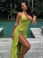 China Custom Spring And Summer New Fashion Sexy Solid Color Slim High Waist V-neck Halter Dress Woman for sale