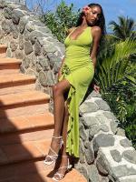 China Custom Spring And Summer New Fashion Sexy Solid Color Slim High Waist V-neck Halter Dress Woman for sale