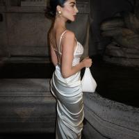 China Summer custom Europe and the United States new French satin dress sexy lace wrap breast exposed anticlinal slip dress for sale