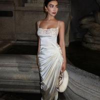 China Summer custom Europe and the United States new French satin dress sexy lace wrap breast exposed anticlinal slip dress for sale