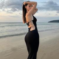 China Europe and the United States sexy street new women's hollow custom splicing bow tie slim long double-layer halter dress for sale