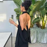 China Fashion temperament new sexy blockbuster halter halter slim splicing sleeve long bright silk dress for sale