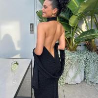 China Fashion temperament new sexy blockbuster halter halter slim splicing sleeve long bright silk dress for sale